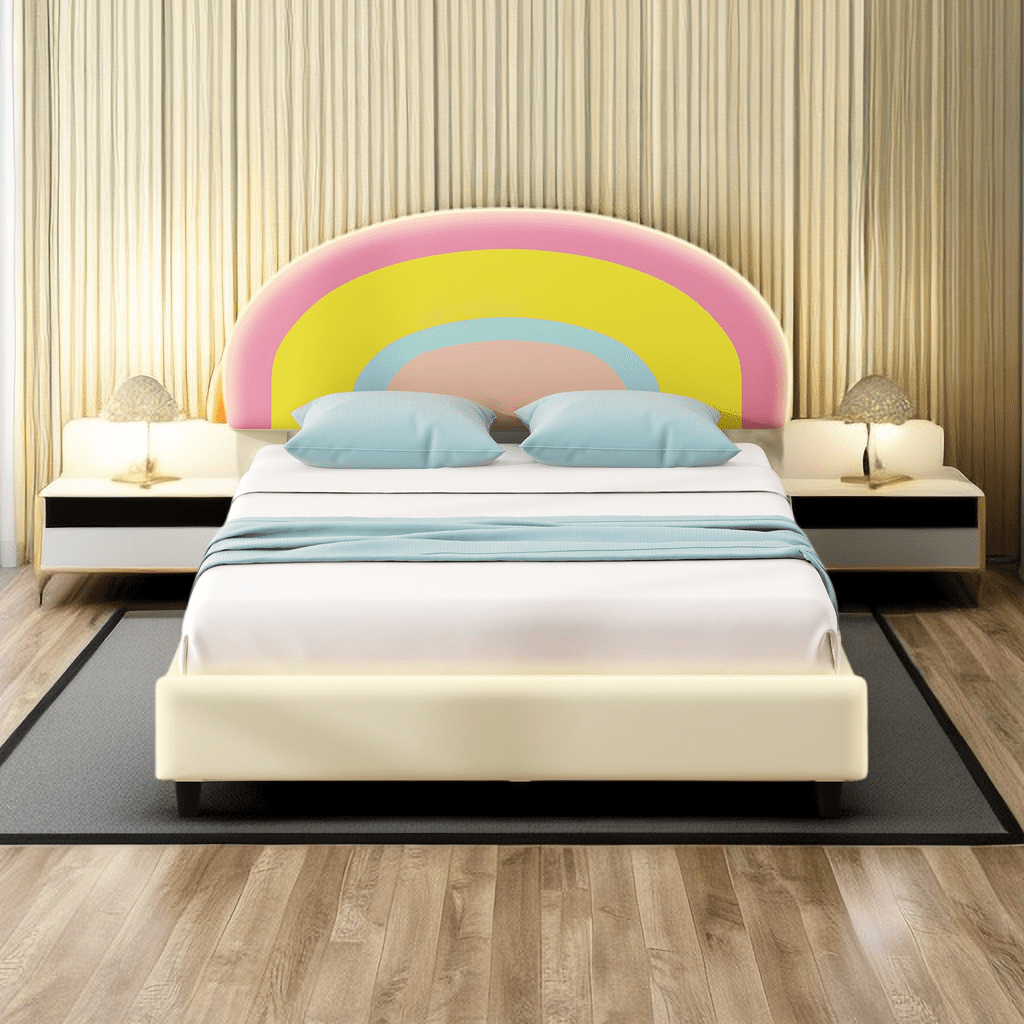 Twin Size Platform Bed with Upholstered Rainbow Headboard-Adjustbale ...