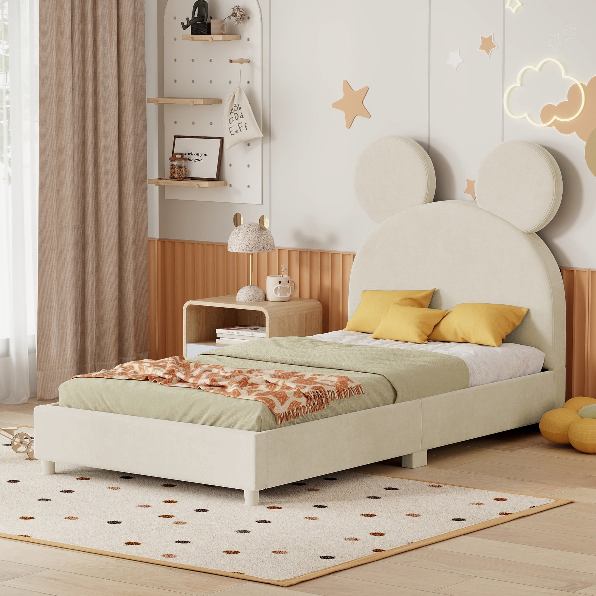 Twin Size Platform Bed With Bear Ear Shape Headboard Velvet Upholstered ...