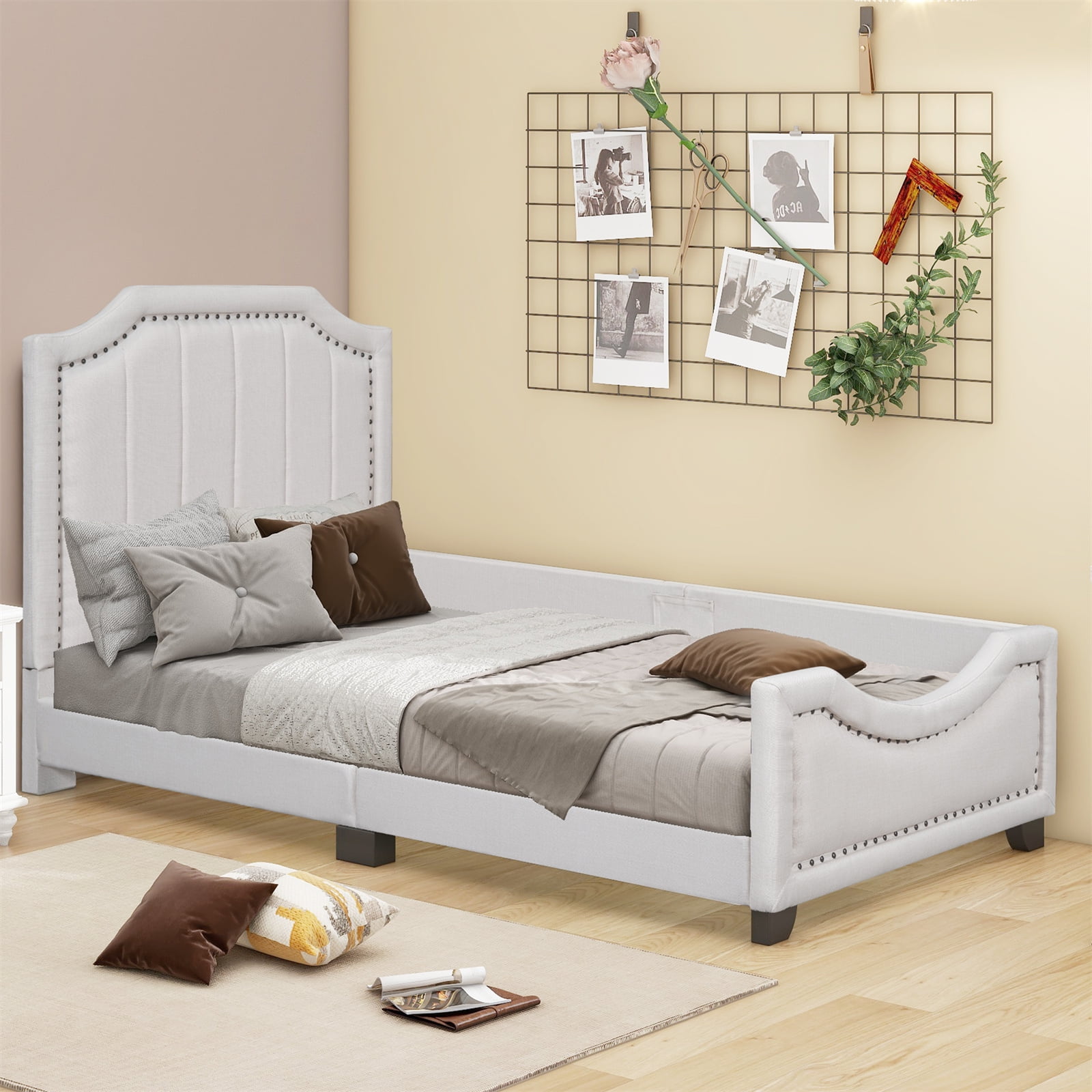 Twin Size Platform Bed With Nailhead Trim Headboard Footboard, Wooden ...