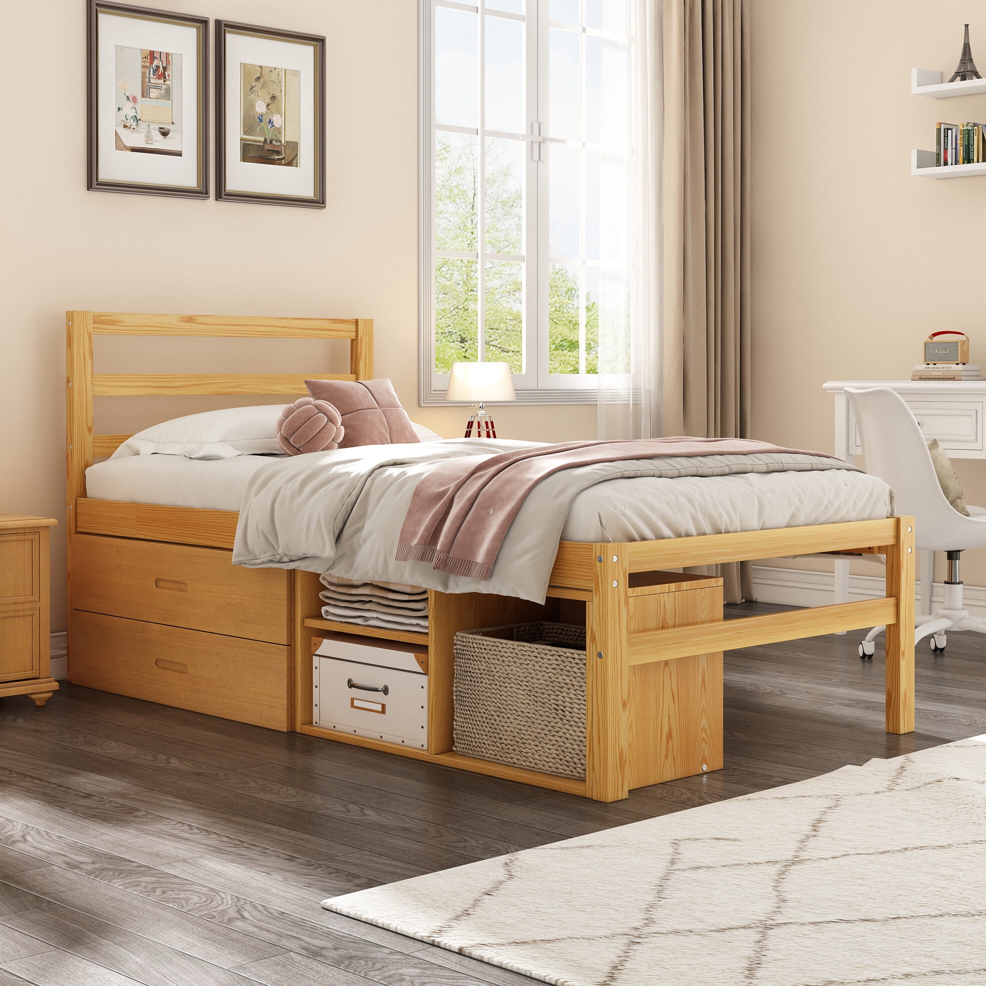 Twin Size Platform Bed, Wood Bed Frame with Removable Storage Shelves ...