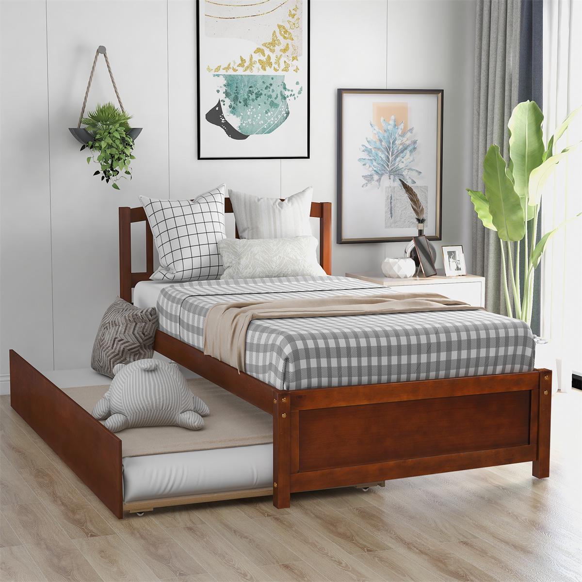 Twin Size Platform Bed Wood Bed Frame with Trundle, Solid Wood Daybed ...