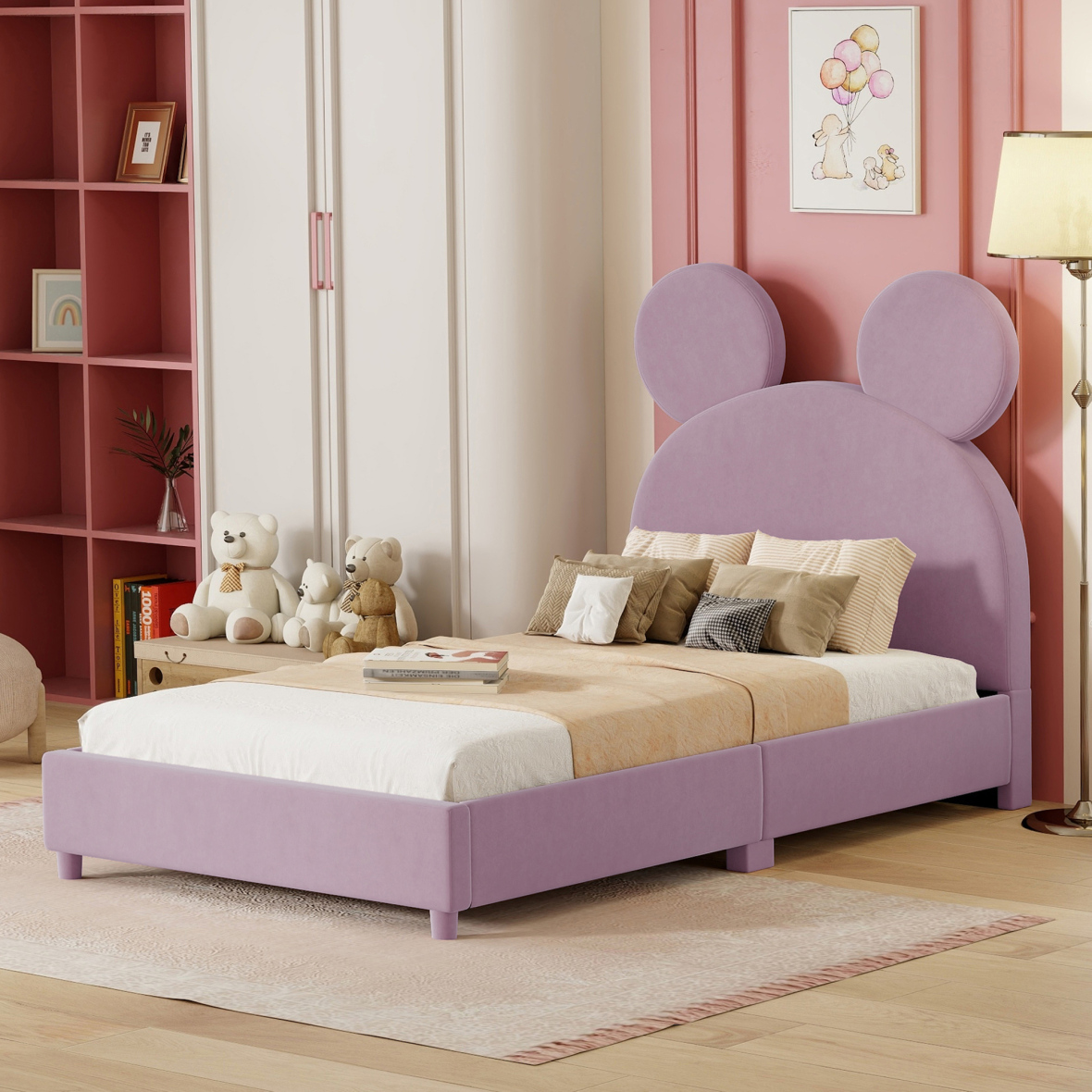 Twin Size Platform Bed with Bear Ear Shaped Headboard,Solid Wood Bed ...