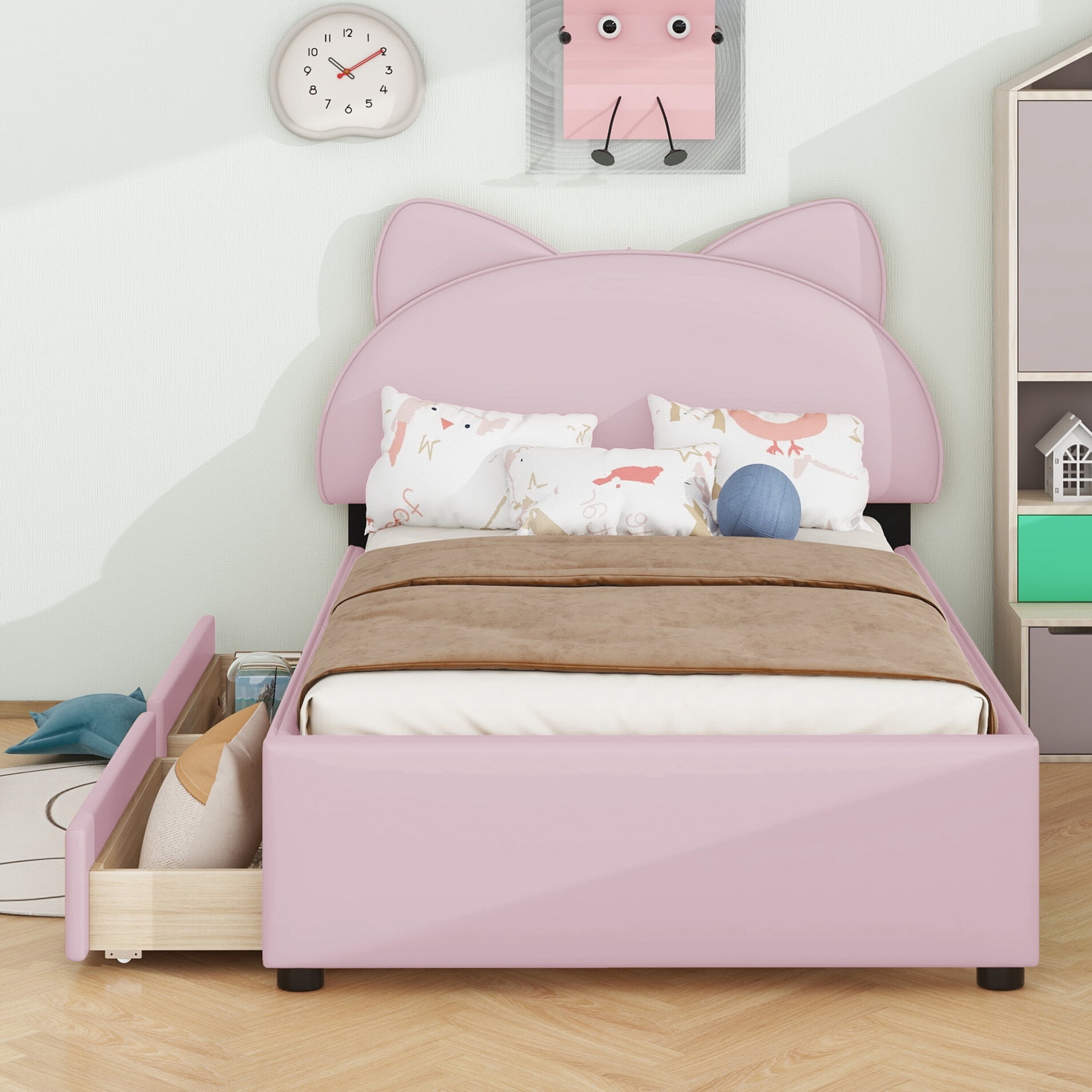 Twin Size Platform Bed with Cartoon Ears Shaped Headboard and 2 Drawers ...
