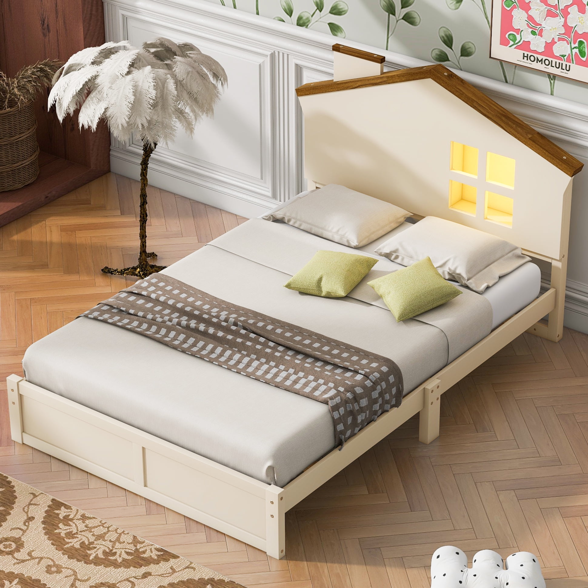 Twin Size Platform Bed with House-Shaped Headboard & Built-in LED Light ...