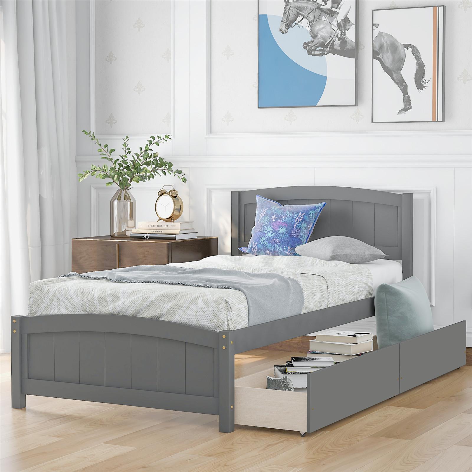 Twin Size Platform Bed with Two Drawers, Wood Platform Bed Frame, Solid ...