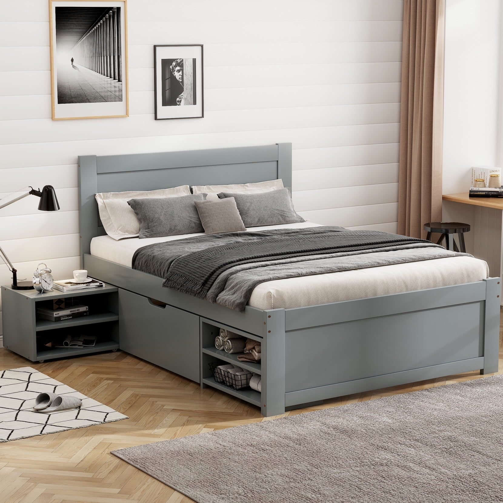 Twin Size Platform Bed with Two Open Double-Layer Storage Shelves ...
