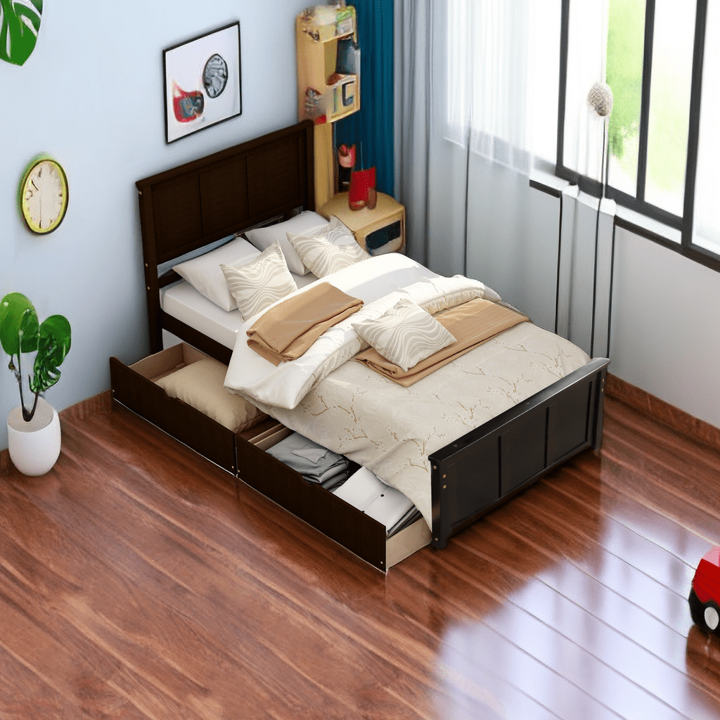 Twin Size Platform Storage Bed, Solid Wood Platform Bed Frame with Two ...