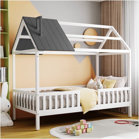 Twin Size Playhouse Bed with Fence, White & Gray Wood House Frame for ...