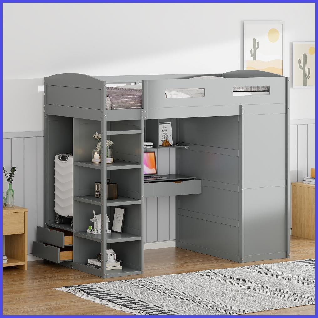 Twin Size Plywood-MDF-Pine Loft Bed with Built-In Desk Wardrobes 4 ...