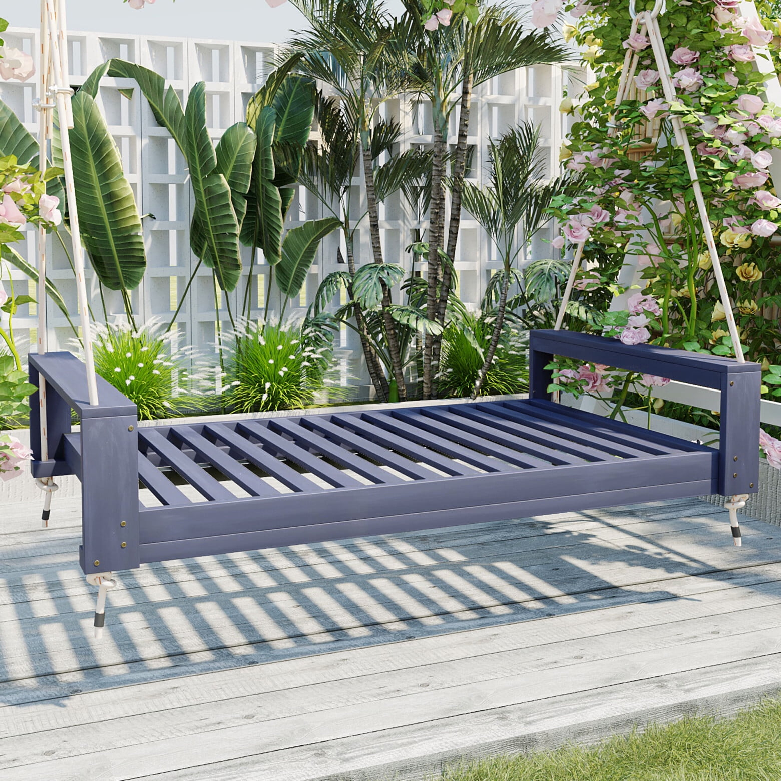 Twin Size Porch Swing Hanging Bench, A-cacia Wood Swing Daybed with ...