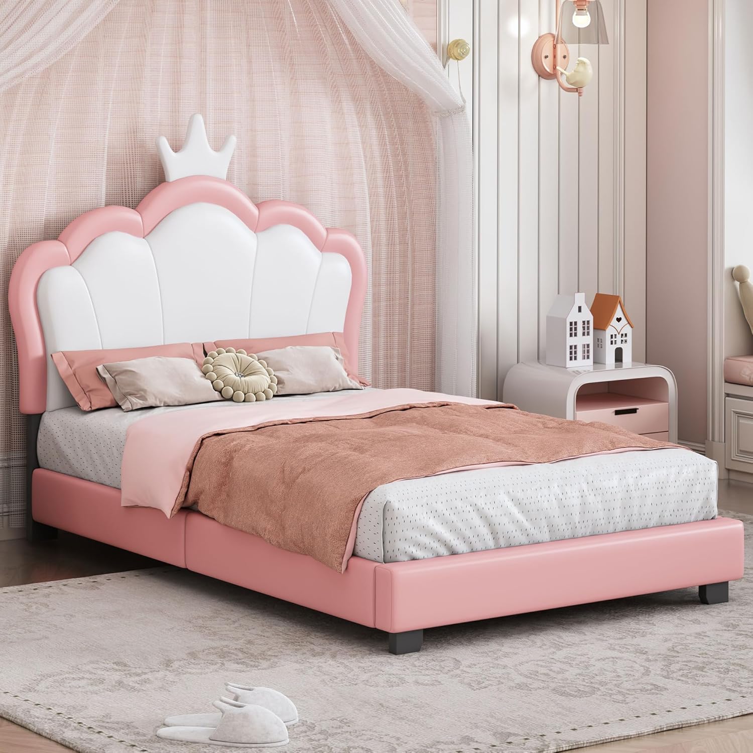 Twin Size Princess Bed Frame with Crown Shaped Headboard for Kids ...