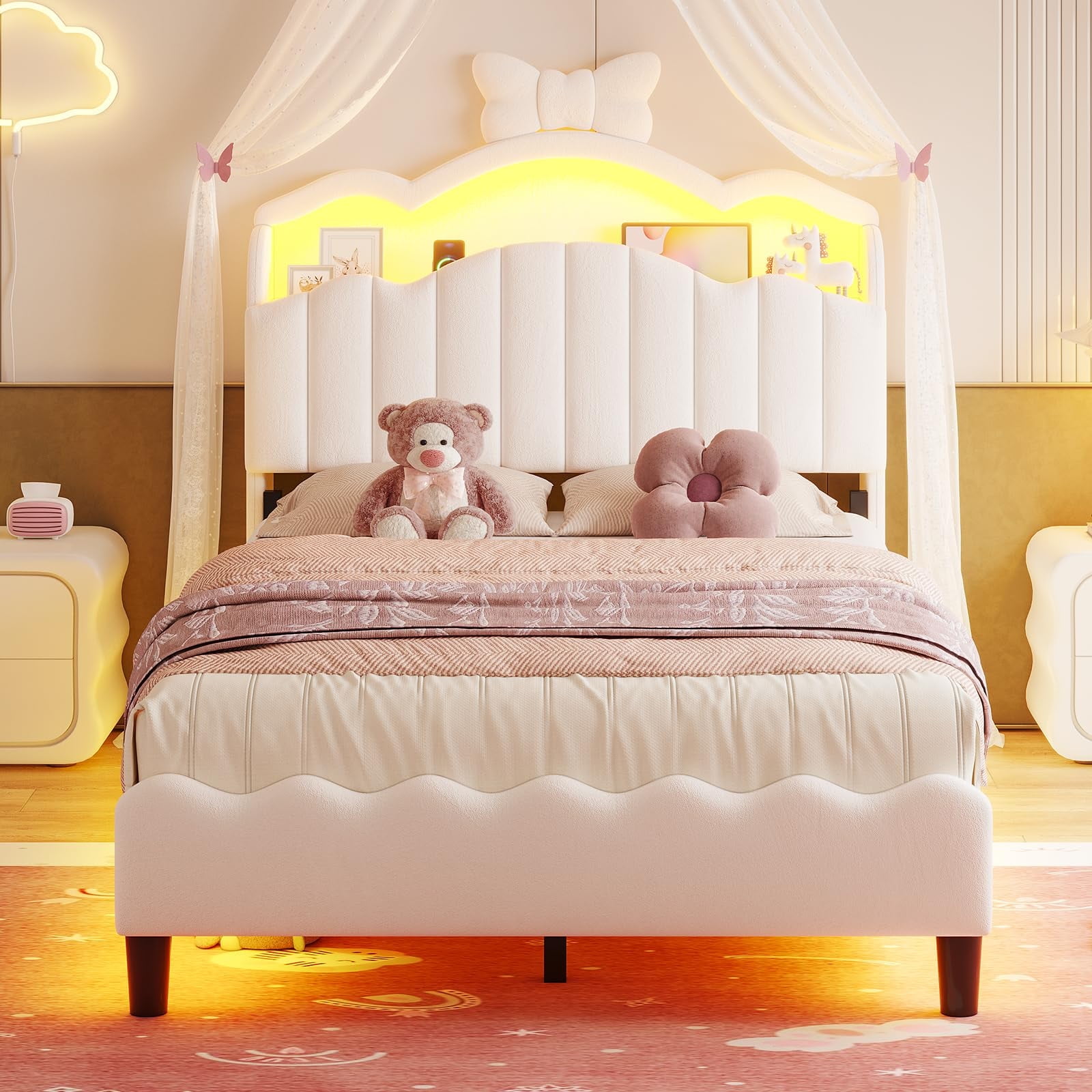 Twin Size Princess Bed Frame with Storage Headboard, Velvet Upholstered ...