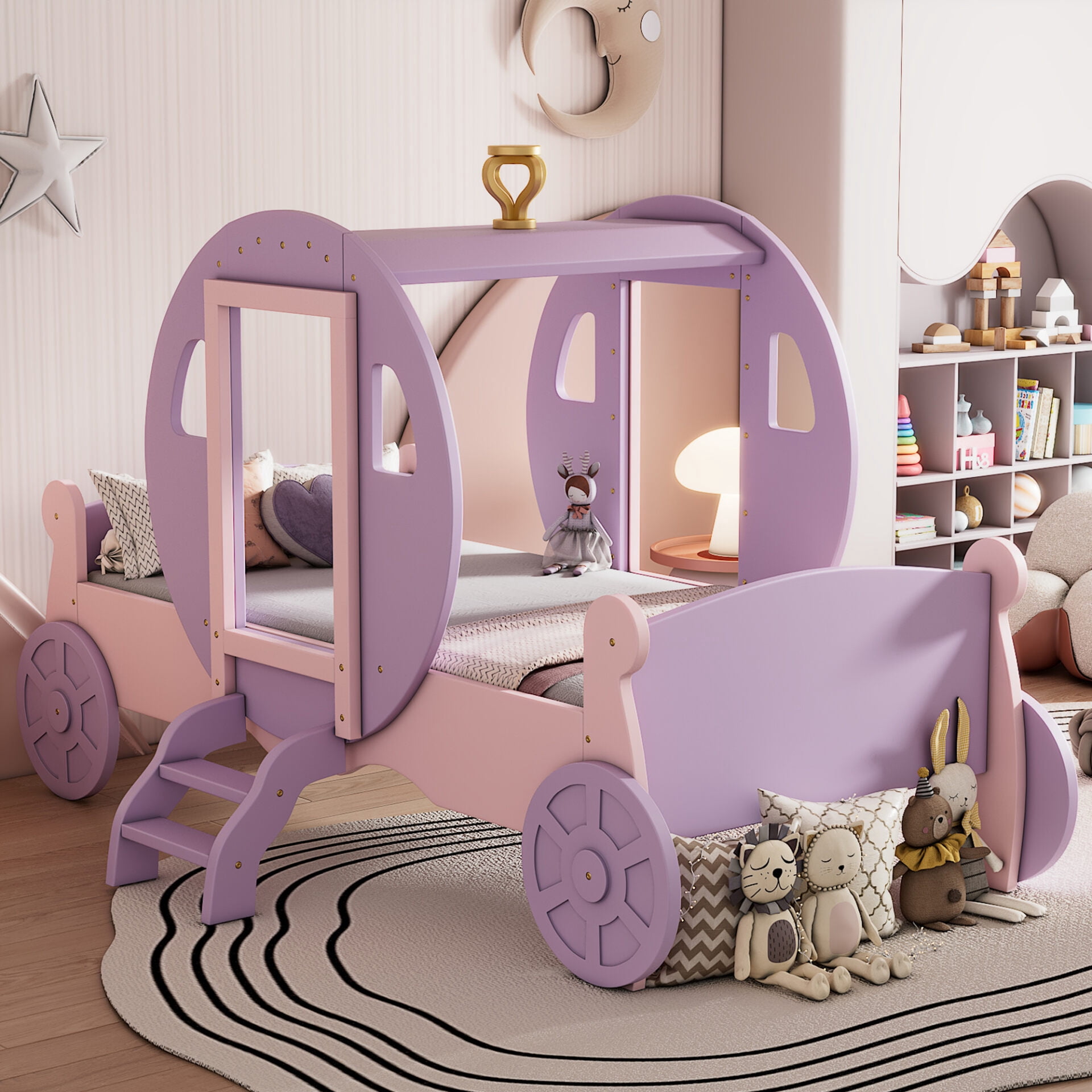 Twin Size Princess Carriage Bed, Toddler Cute Platform Car Bed Frame ...