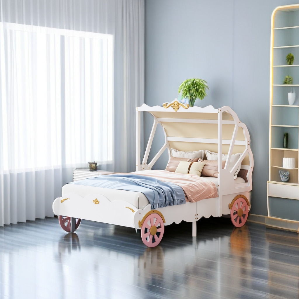 Twin Size Princess Carriage Bed with Canopy, Wood Platform Car Bed with ...