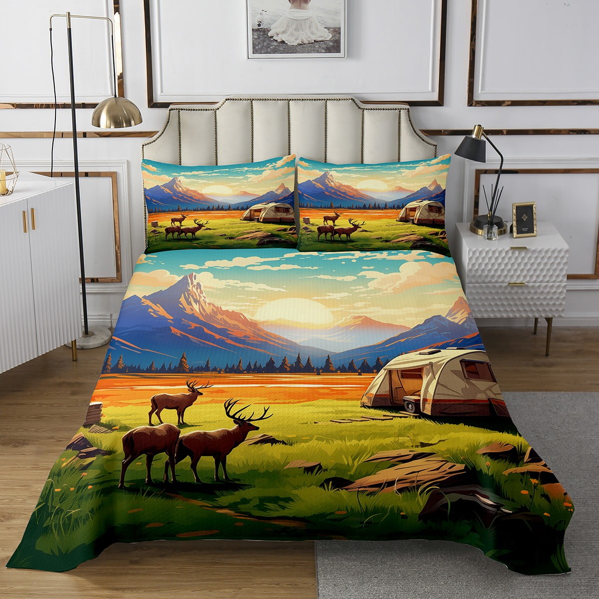 Twin Size RV Camper Coverlet Set Wildlife Camping Adventure Life Quilt ...