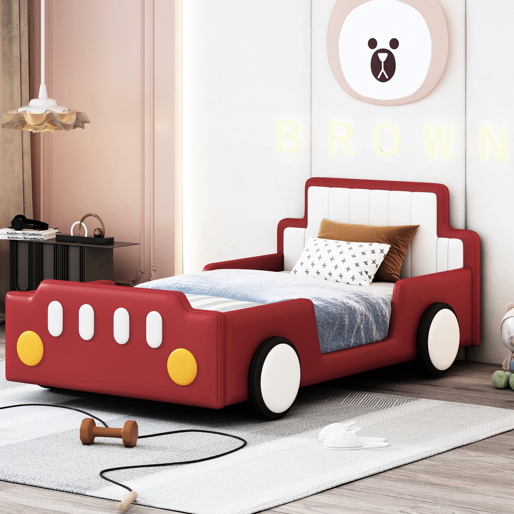 Twin Size Race Car Bed / Red, Constructed with PU Leather, with Wheels ...