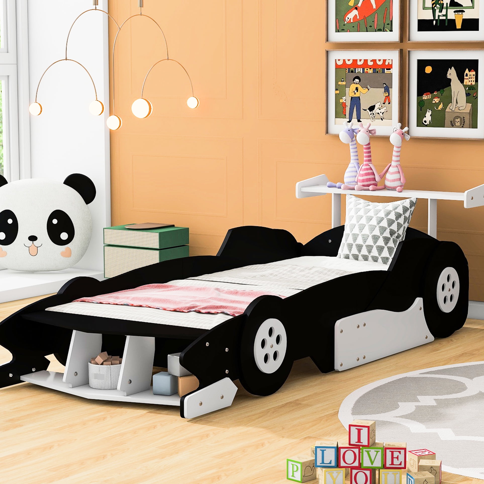 Twin Size Race Car Bed With Wheels, Black - Enhances Bedroom Decor And ...