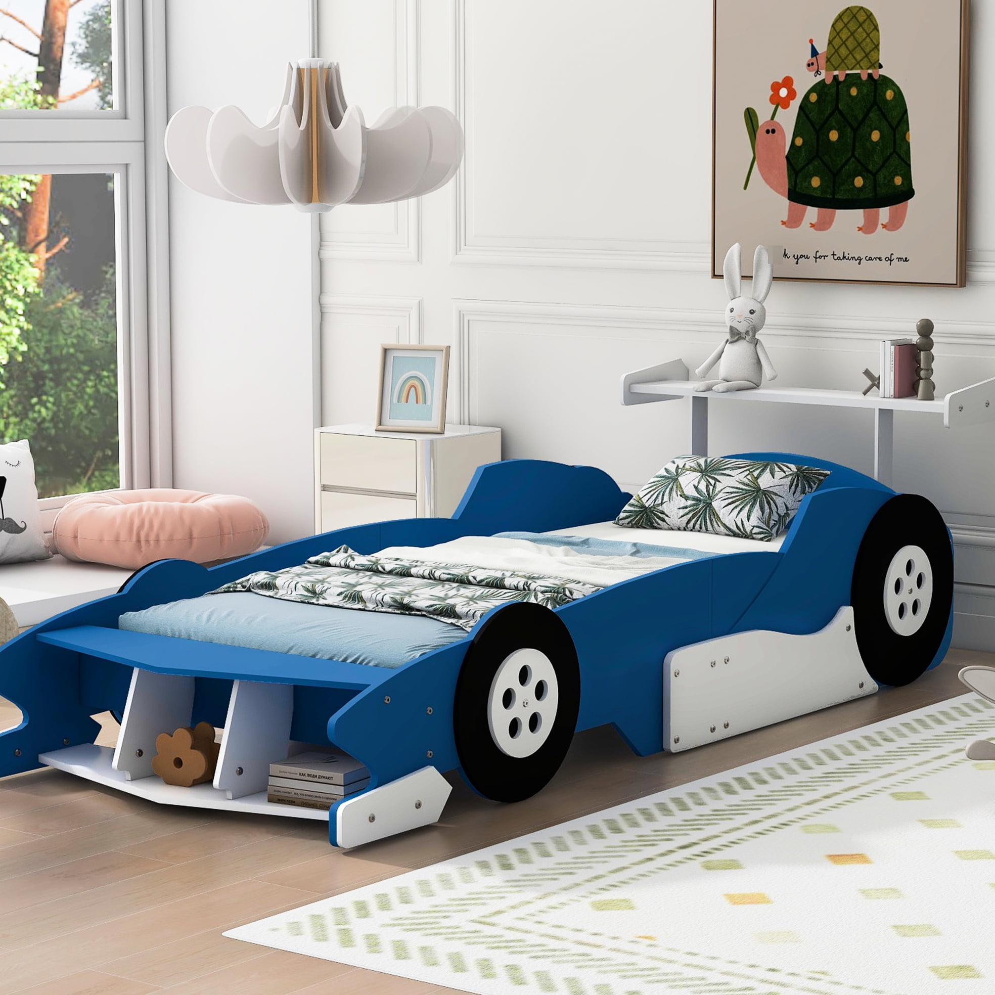Twin Size Race Car Bed With Wheels, Blue - Strong And Safe Design Car ...