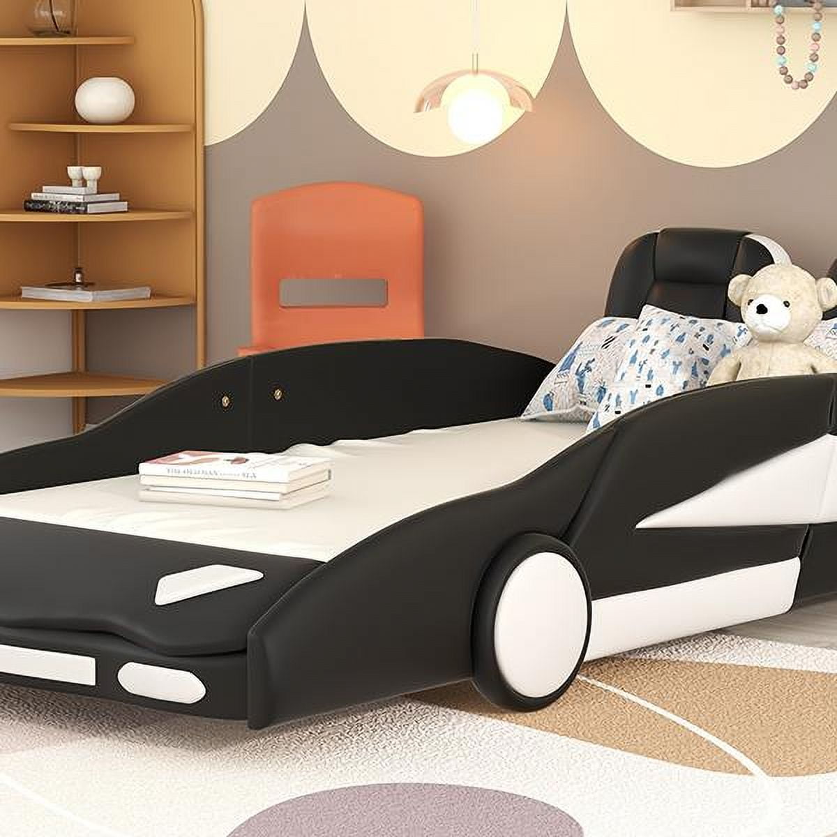 Twin Size Race Car Bed for Kids – Black Sports Car-Shaped Bed with ...