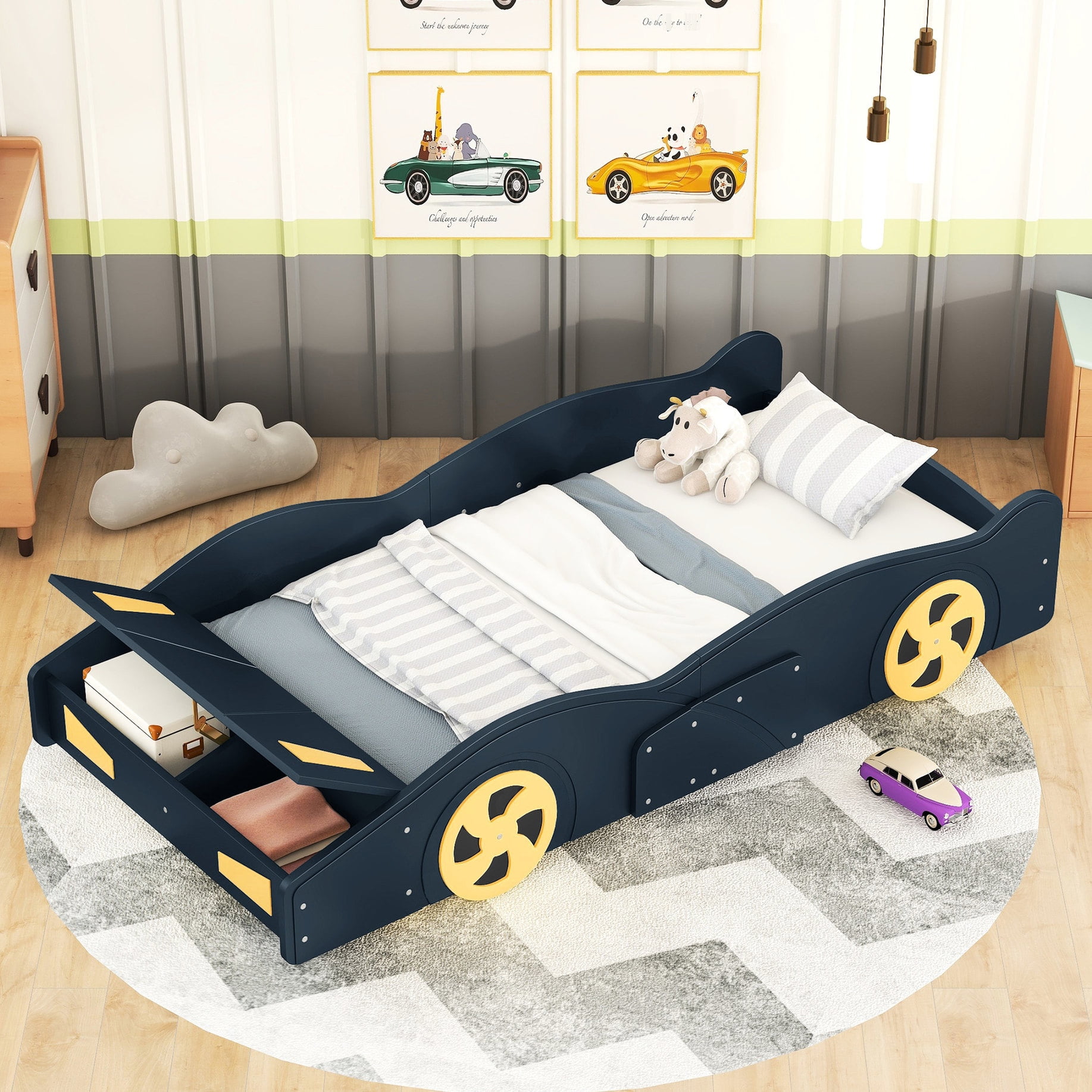Twin Size Race Car Bed with Wheels | Bedroom Storage, Comfort and Fall ...