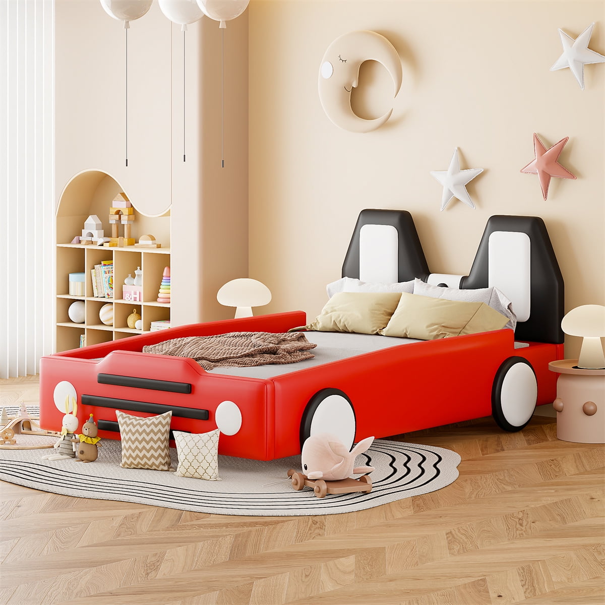 Twin Size Race Car Bed with Wheels, Race Car-Shaped Bed with Solid ...
