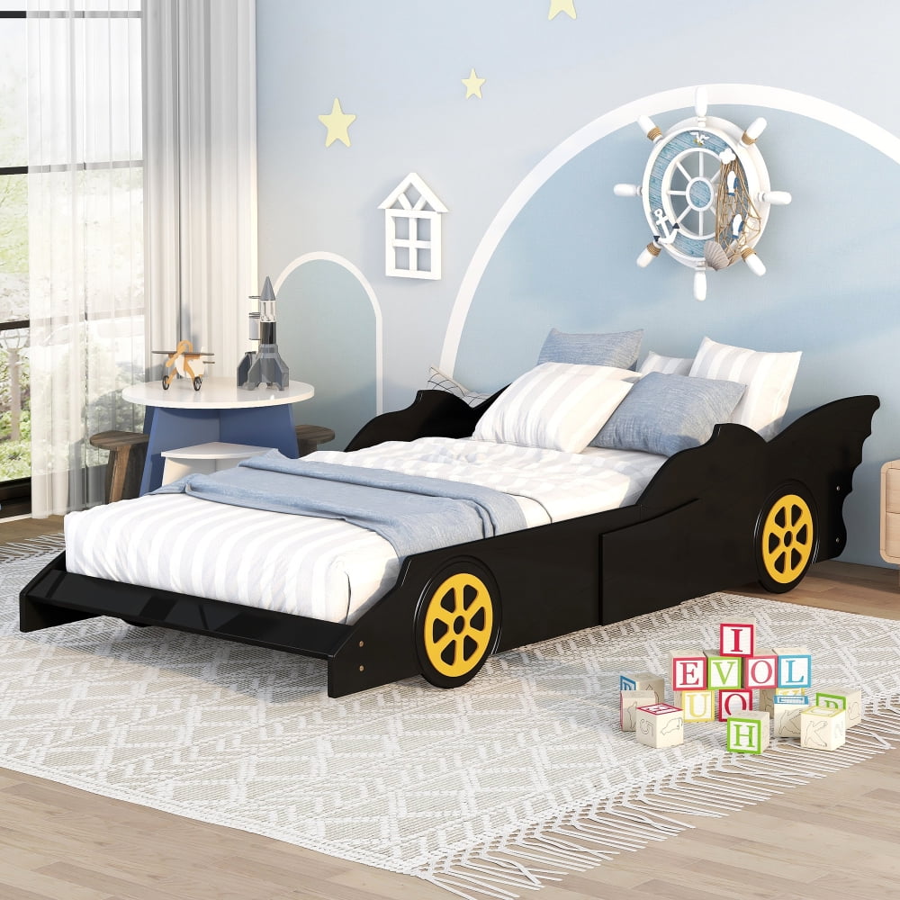 Twin Size Race Car-Shaped Bed Frame with Wheels, Wood Platform Car Bed ...