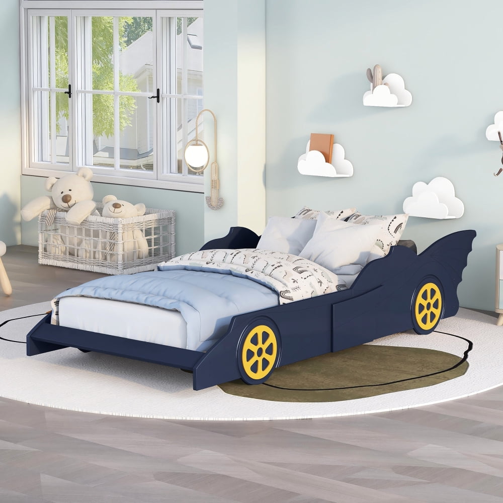 Twin Size Race Car-Shaped Bed Frame with Wheels, Wood Platform Car Bed ...