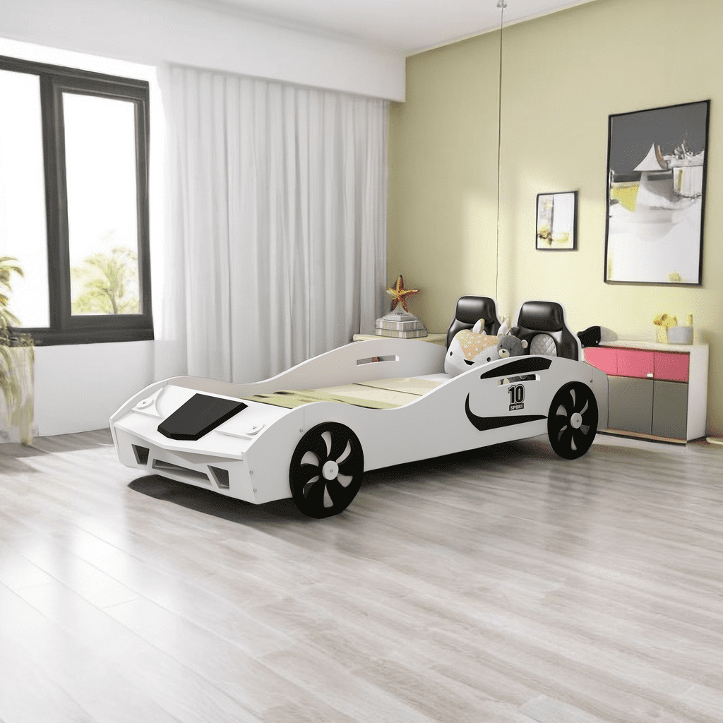 Twin Size Race Car-Shaped Bed with Upholstered Backrest & Wheels, 95.5 ...