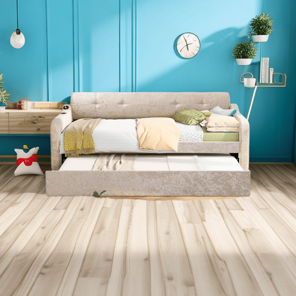 Twin Size Snowflake Velvet Daybed with Trundle and USB Charging Design ...