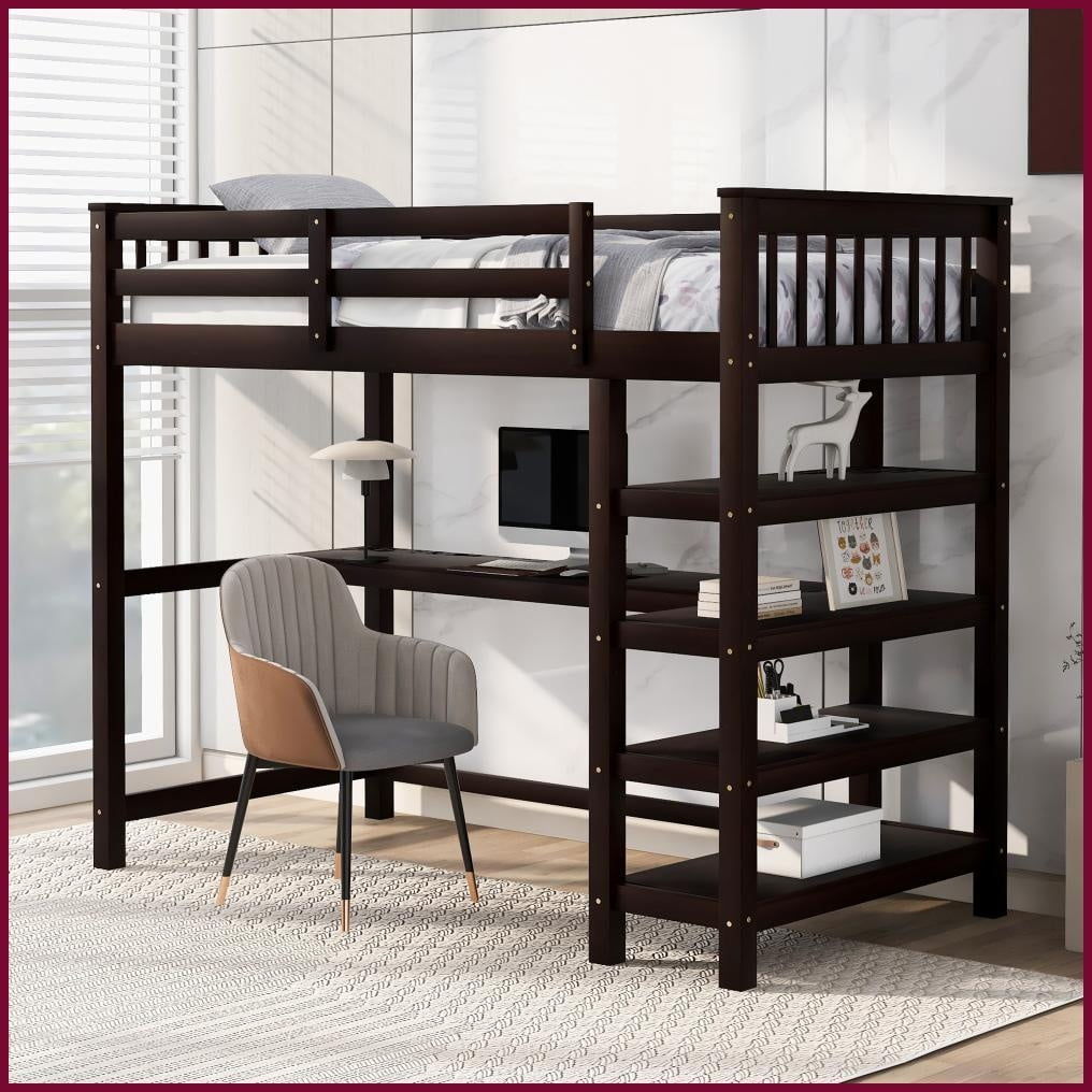 Twin Size Solid Pine Wood Loft Bed with Under-Bed Desk & Storage ...