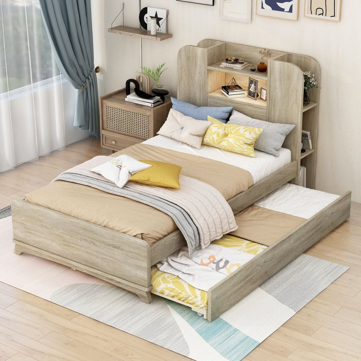 Twin Size Solid Wood Bed Frame with Trundle and Light Strip Design in ...