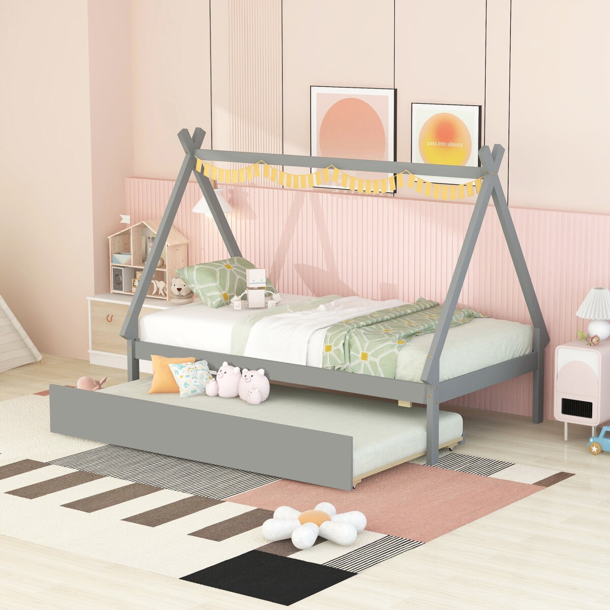 Twin Size Tent Floor Bed with Pull-Out Trundle, Wooden Teepee Bed House ...