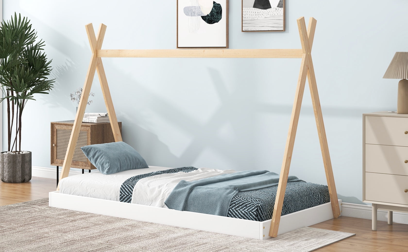 Twin Size Tent Floor Bed, Wood Play House Bed Frame with Triangle ...