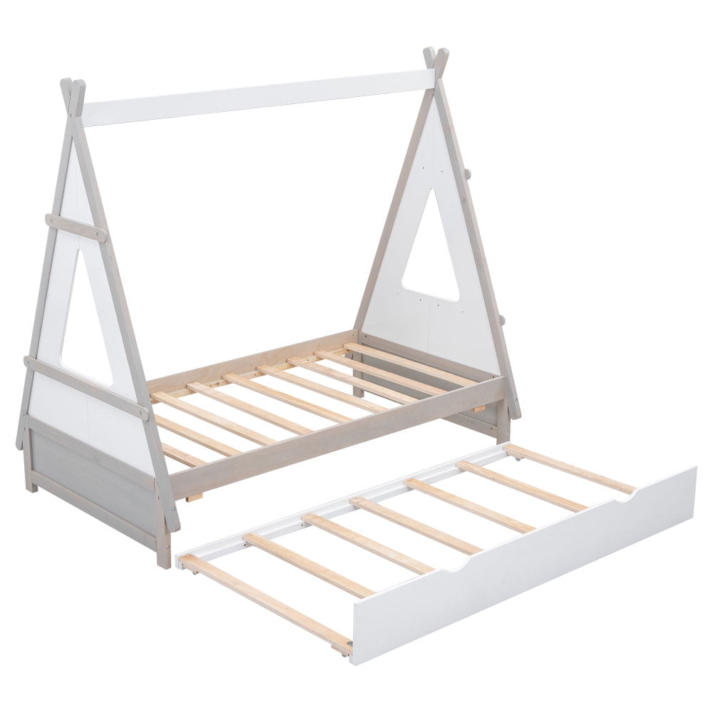 Twin Size Tent Floor Bed with Pull-Out Twin Size Trundle, Wood Bed ...