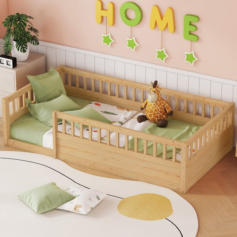 Twin Size Toddler Floor Bed Frame, Montessori Floor Bed with Guardrails ...