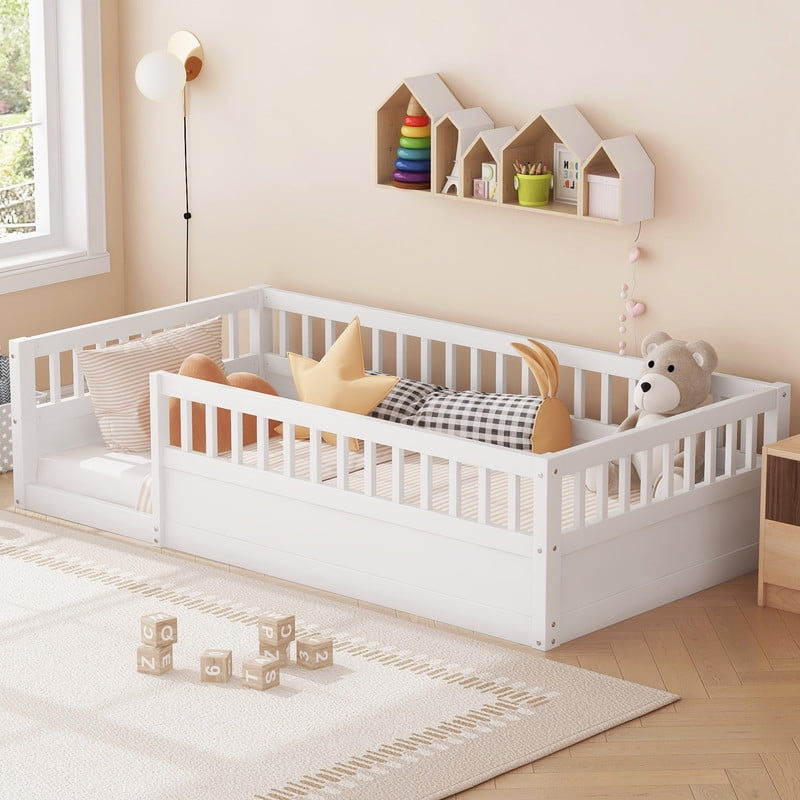 Twin Size Toddler Floor Bed Frame, Montessori Floor Bed with Guardrails ...