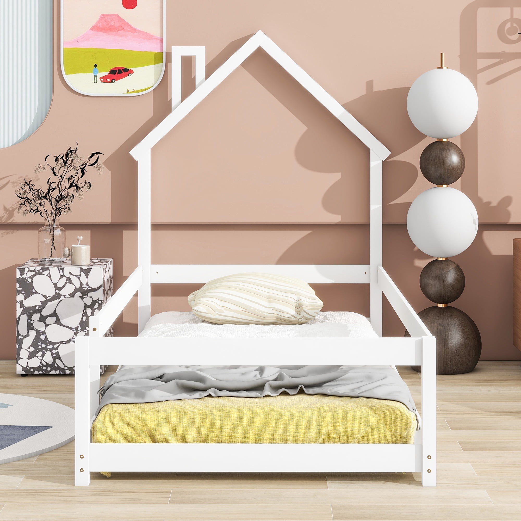 Twin Size Toddler Floor Bed Frame, Wood Montessori Floor Bed with House ...