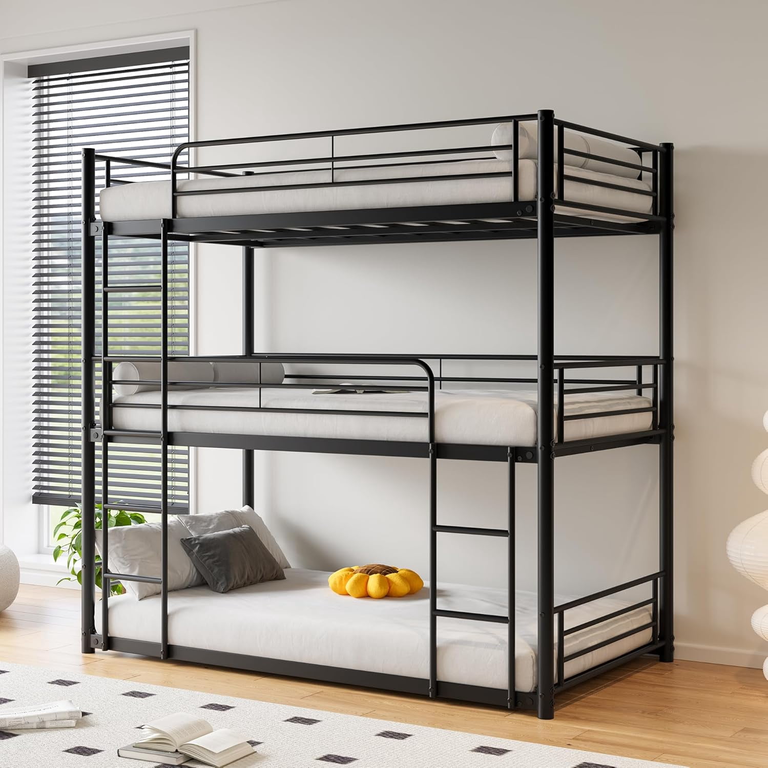 Twin Size Triple Bunk Bed Space Saving Bunks with Safety Guardrails and ...