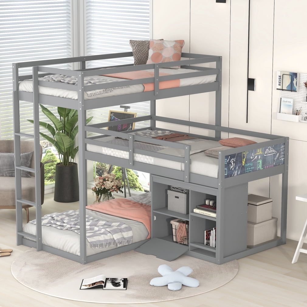 Twin Size Triple Bunk Beds, Modern L-Shaped Solid Wood Beds Frame with ...
