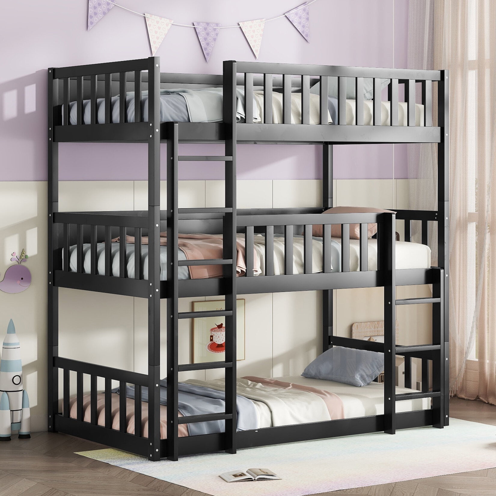 Twin Size Triple Rubber Wood Bunk Bed, with Ladders, Guardrails ...