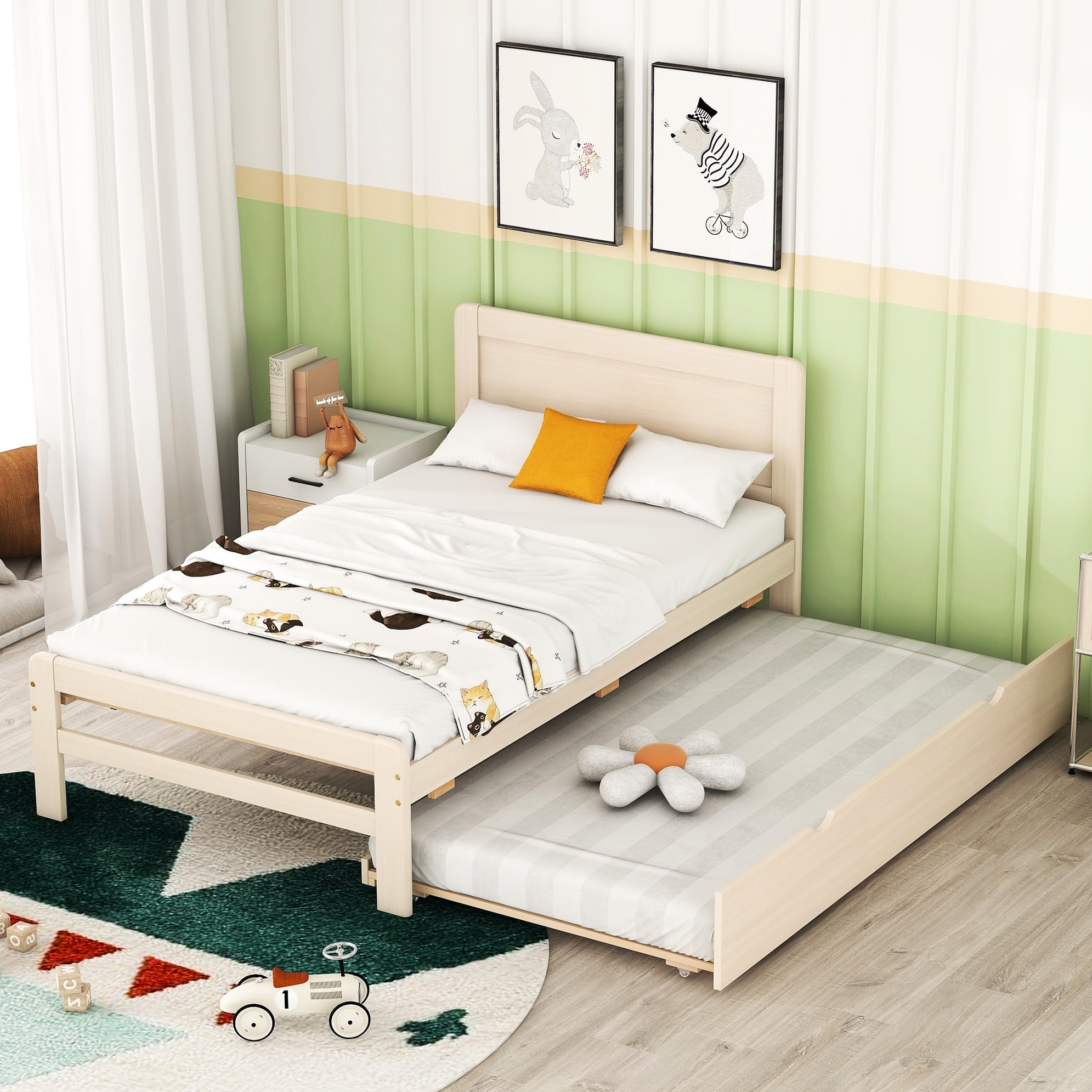 Twin Size Trundle Bed In White Wash Finish - Stable & Functional ...