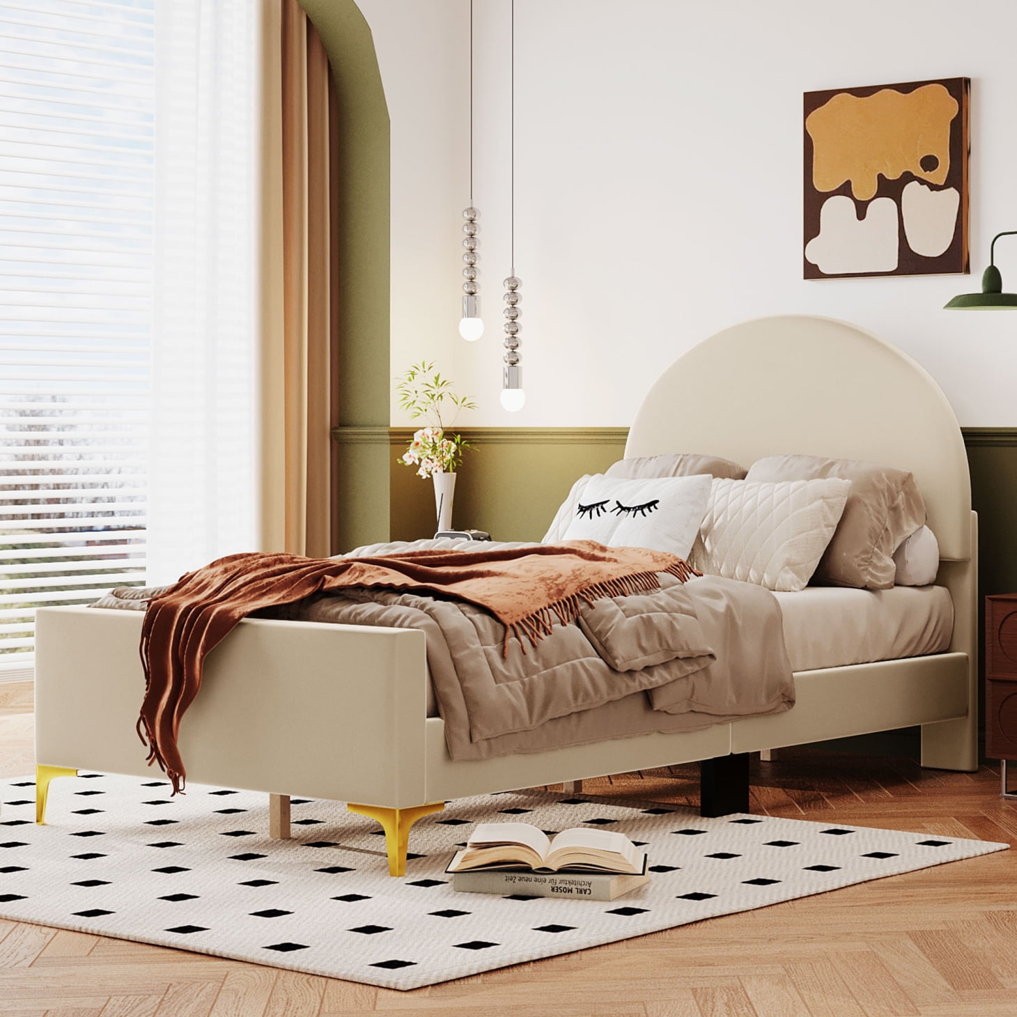 Twin Size Upholstered Bed Frame with Classic Semi-circle Shaped Headboard, Solid Wood Platform ...