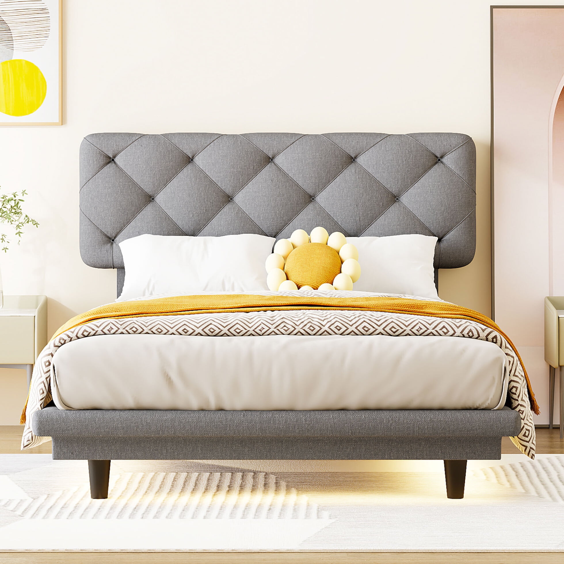 Twin Size Upholstered Bed with Light Stripe, Linen Fabric Floating ...