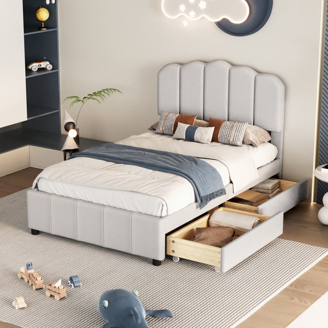 Twin Size Upholstered Bed with 4 Storage Drawers, Wood Bed Frame with ...