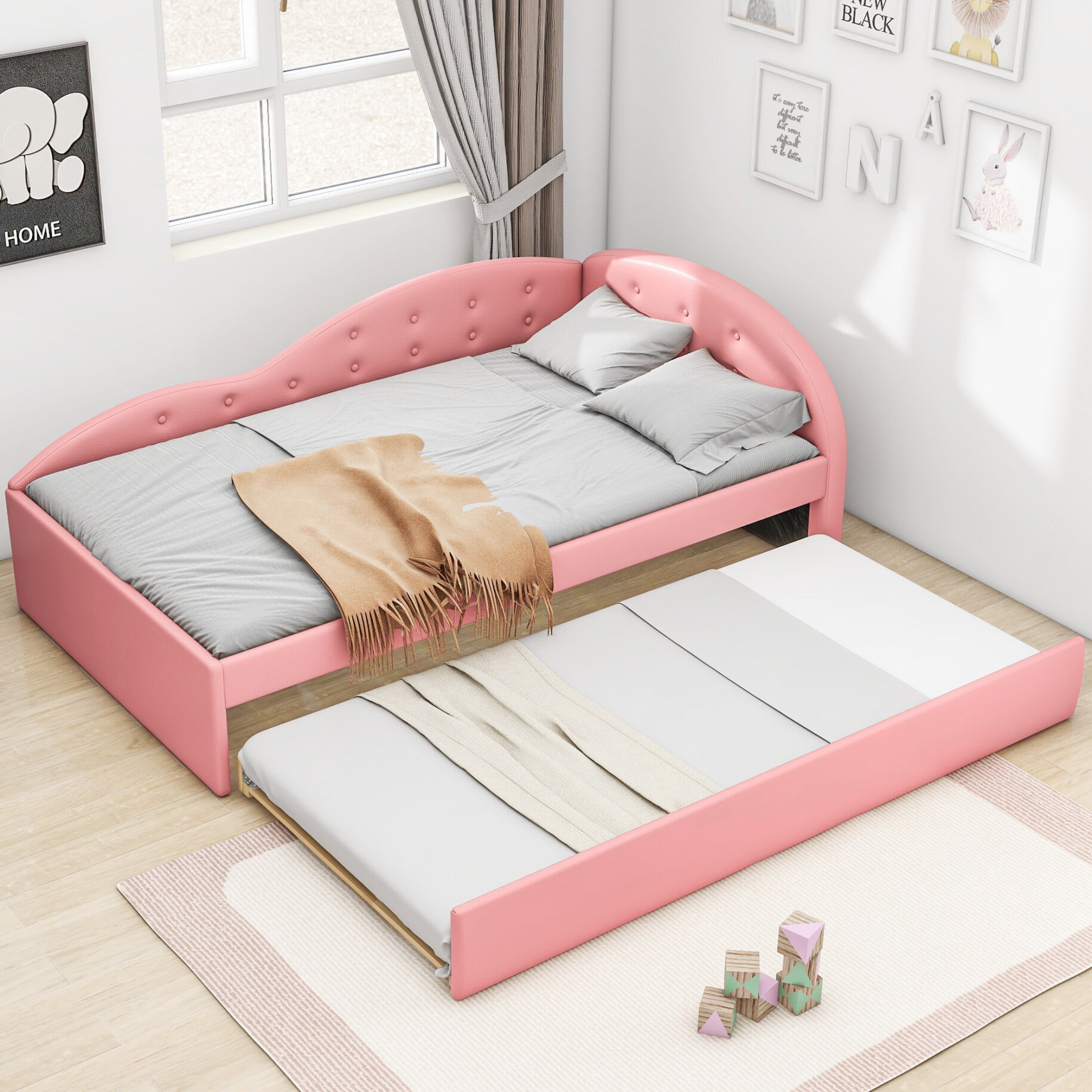 Twin Size Upholstered DayBeds with Trundle and Cloud Shaped Guardrail ...