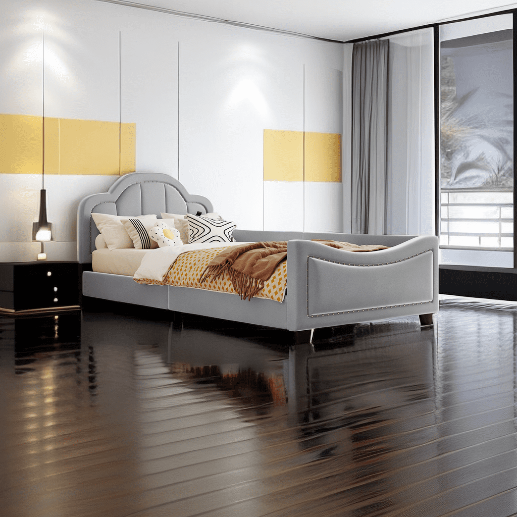 Twin Size Upholstered Daybed with Cloud Shaped Headboard, Wood Low ...