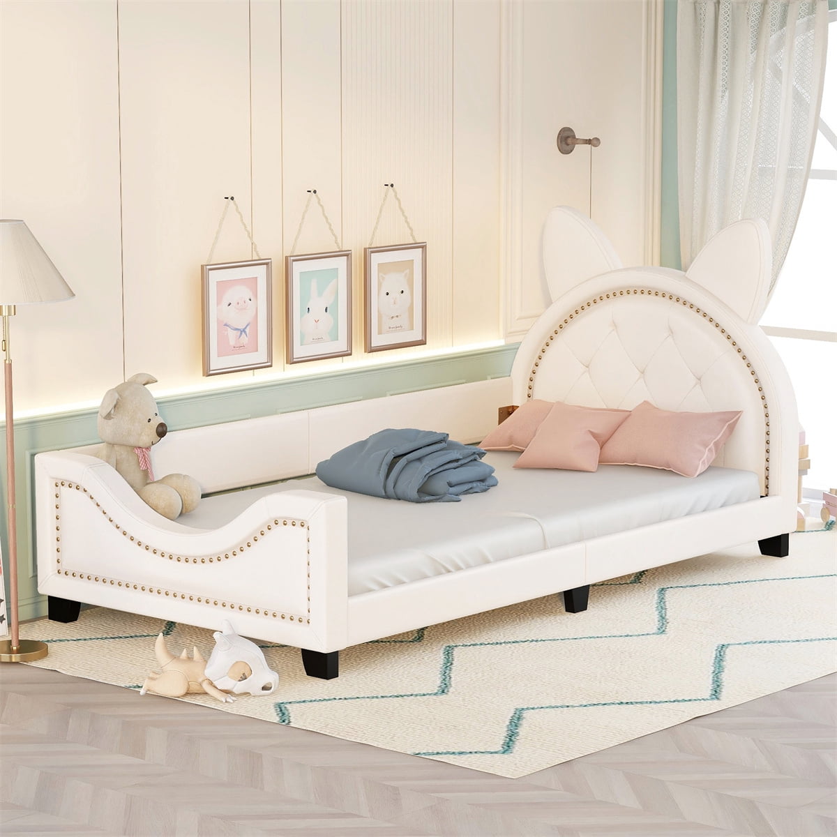 White PU Leather Twin Daybed with Carton Ears Headboard, Upholstered ...