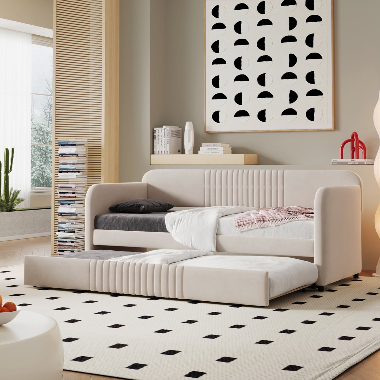 Twin Size Upholstered Daybed Sofa Bed with Trundle Bed and Wood Slat ...