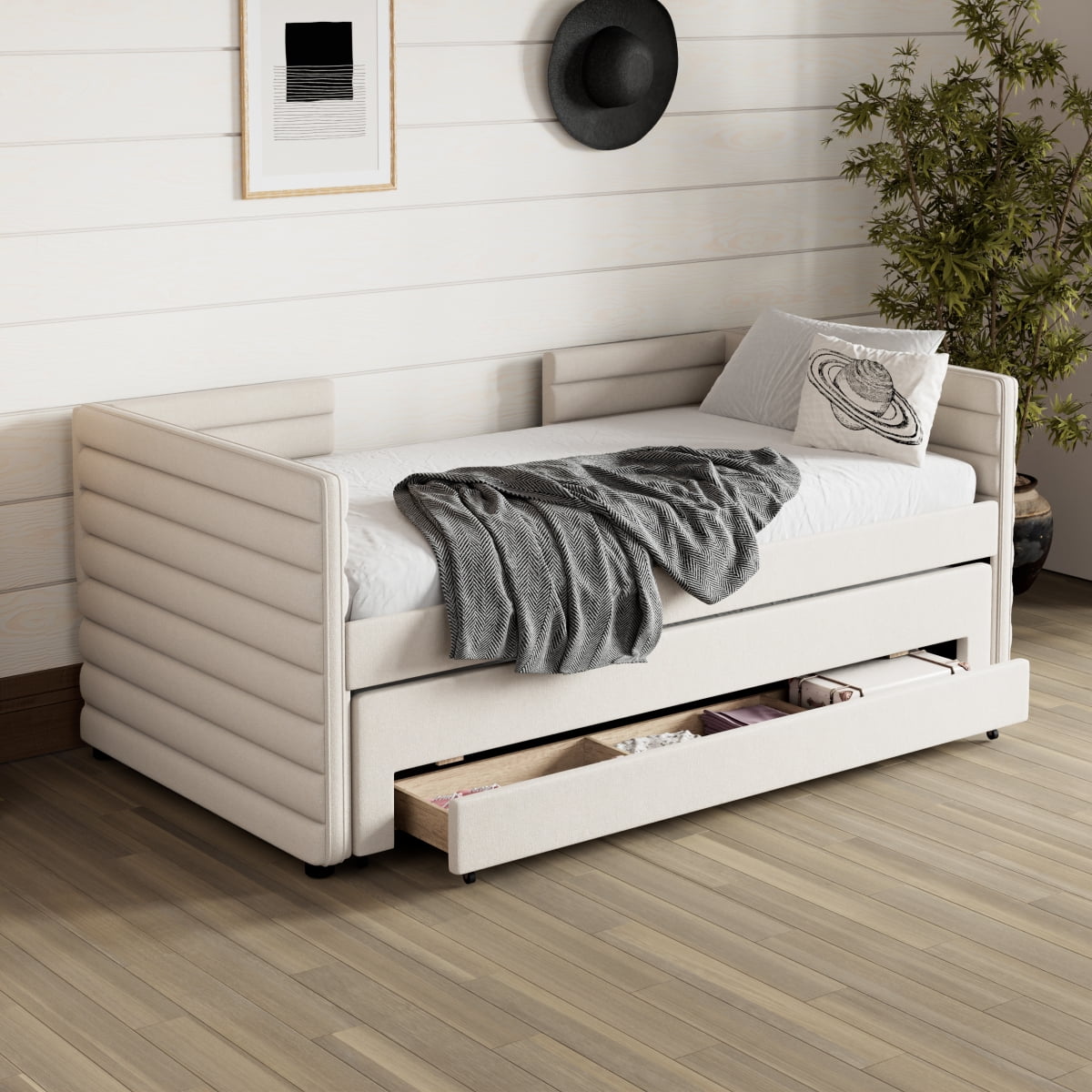 Twin Size Upholstered Daybed with Trundle and 3 Storage Drawers, Short ...