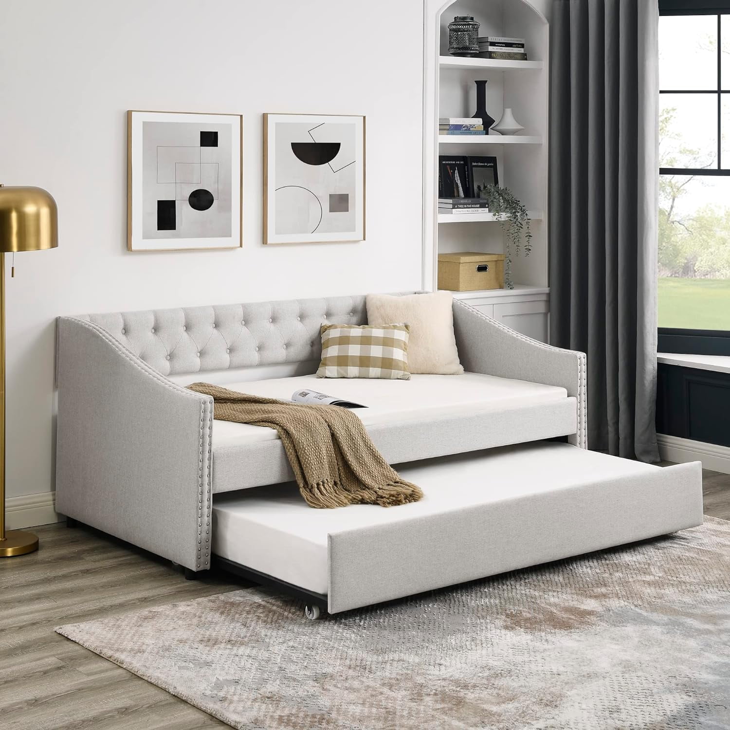Twin Size Upholstered Daybed with Trundle,Button Tufted Sofa Bed with ...